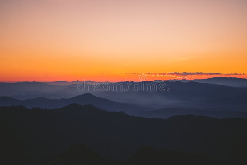 Sunset and Twilight Light in the Forest on the Mountain Stock Image ...