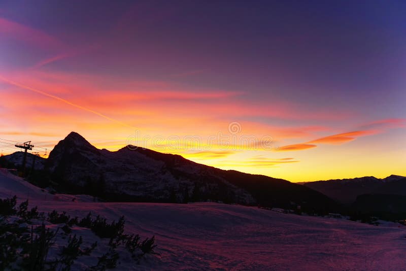 Sunset Twilight in Mountains with Snow Stock Image - Image of morning ...