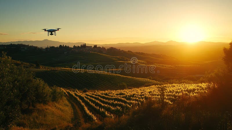 At Sunset, Two Drones Soar Above a Vineyard, Filming the Rolling Hills ...