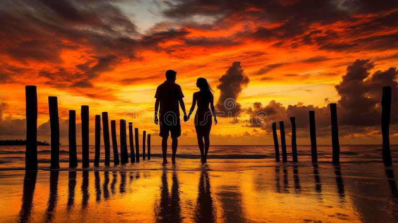 At Sunset, Two Figures, Seen in Silhouette, Walk Hand in Hand on the ...