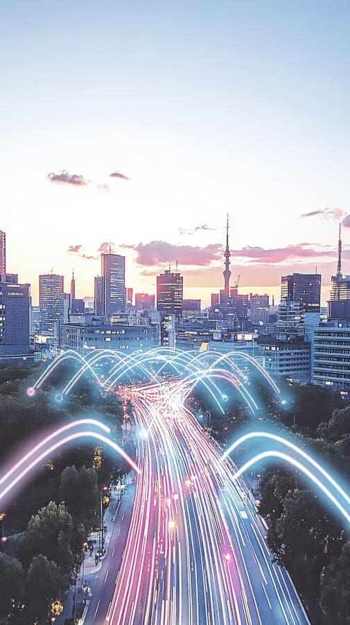 Sunset Urban Landscape with Abstract Light Patterns Stock Illustration ...