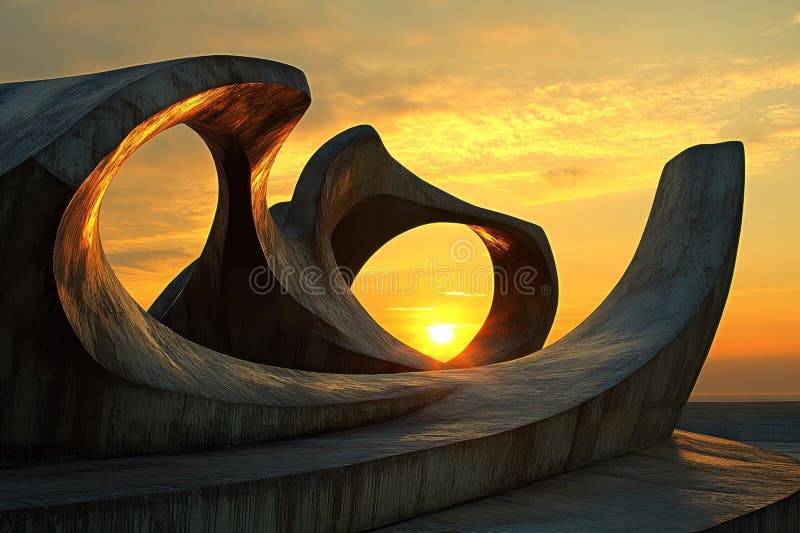 Sunset View of Abstract Sculpture on a Beach Under a Colorful Sky Stock ...