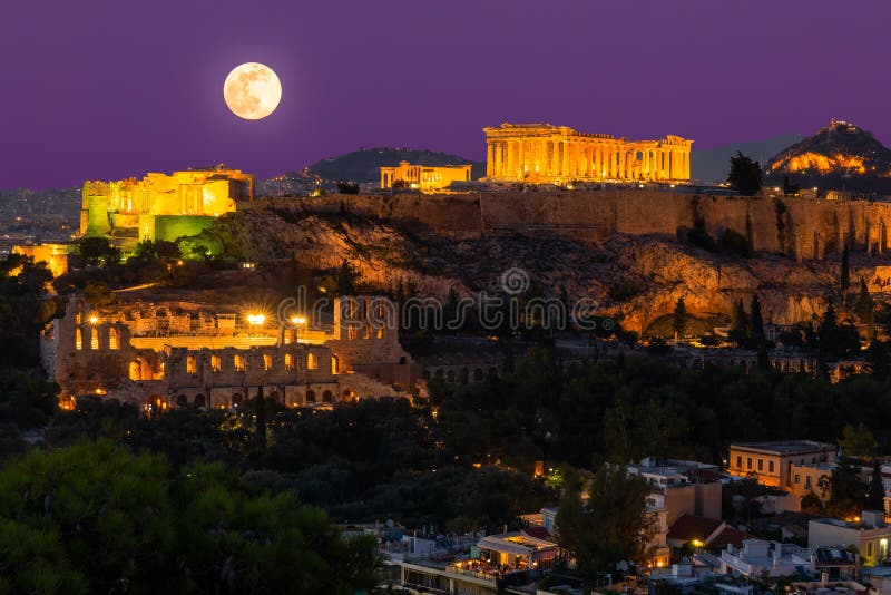 Sunset View on Acropolis in Athens, Greece at with Full Moon. Travel in ...