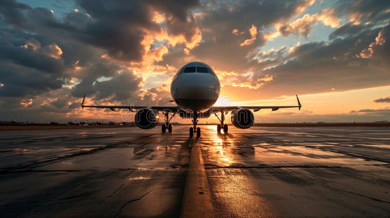 Sunset View of Airplane on Airport Runway. Stock Photo - Image of ...