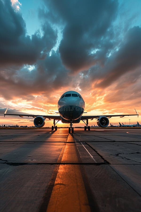Sunset View of Airplane on Airport Runway. Stock Photo - Image of ...