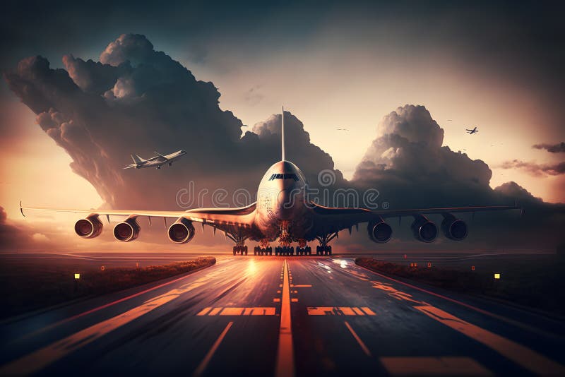 Sunset View of Airplane on Airport Runway Under Dramatic Sky. Neural ...