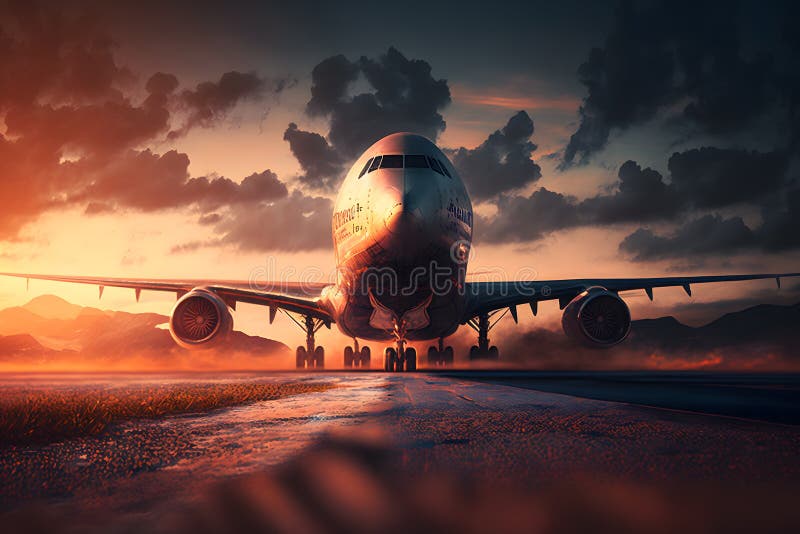 Sunset View of Airplane on Airport Runway Under Dramatic Sky. Neural ...