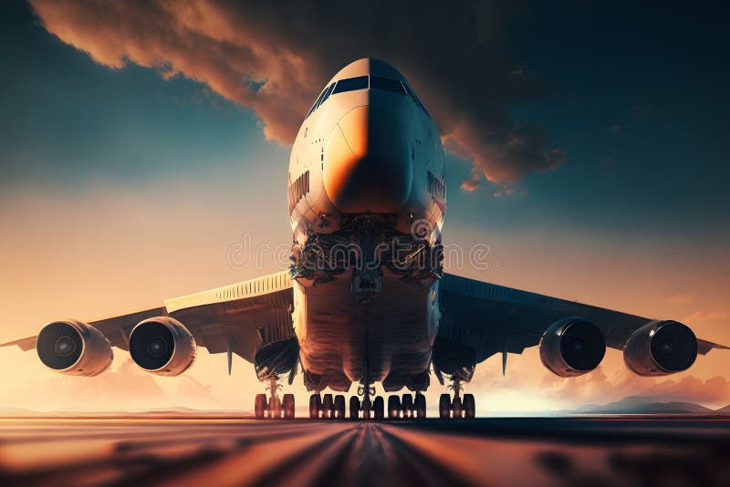 Sunset View of Airplane on Airport Runway Under Dramatic Sky. Neural ...
