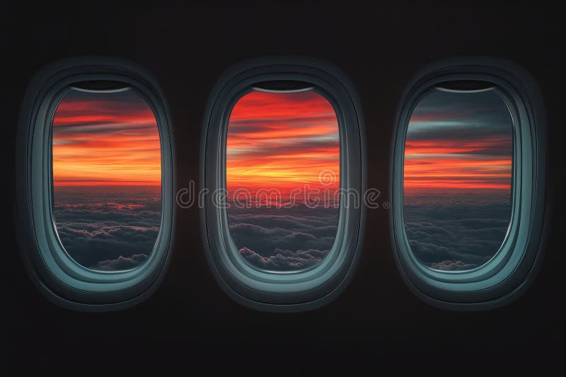 Sunset View from Airplane Windows during Evening Flight Above Clouds ...