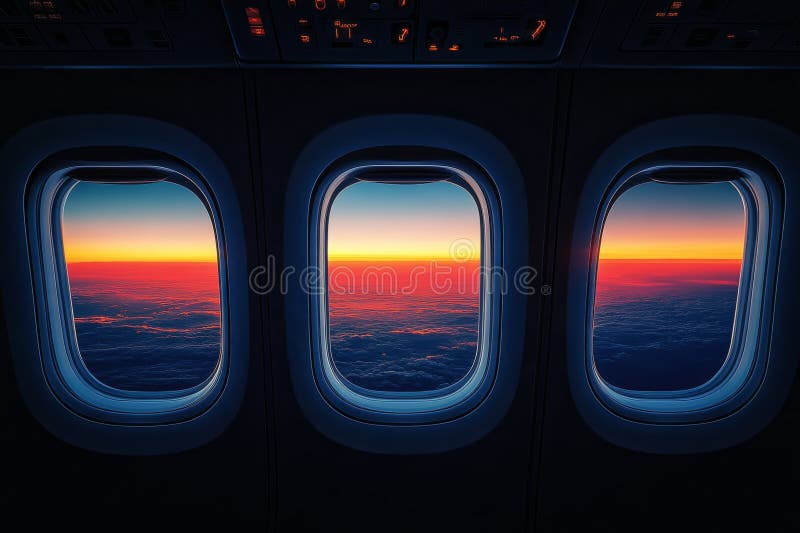 Sunset View from Airplane Windows during Evening Flight Above Clouds ...