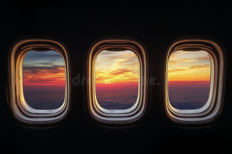 Sunset View from Airplane Windows during Evening Flight Above Clouds ...