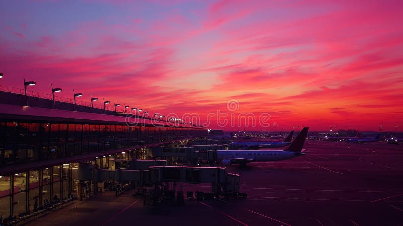 Sunset View of an Airport with Planes and Terminal Against a Vibrant ...