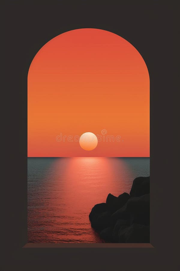A Sunset View through an Arch Over the Ocean Stock Illustration ...