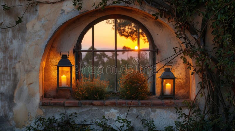 Sunset View through Arched Window with Lit Lanterns and Flowering ...