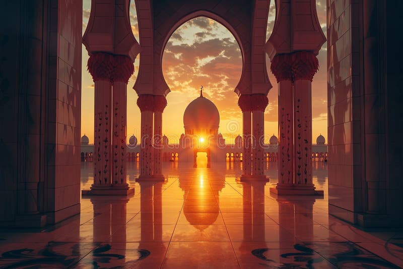 A Sunset View through the Arches of a Grand Mosque, with the Sun ...