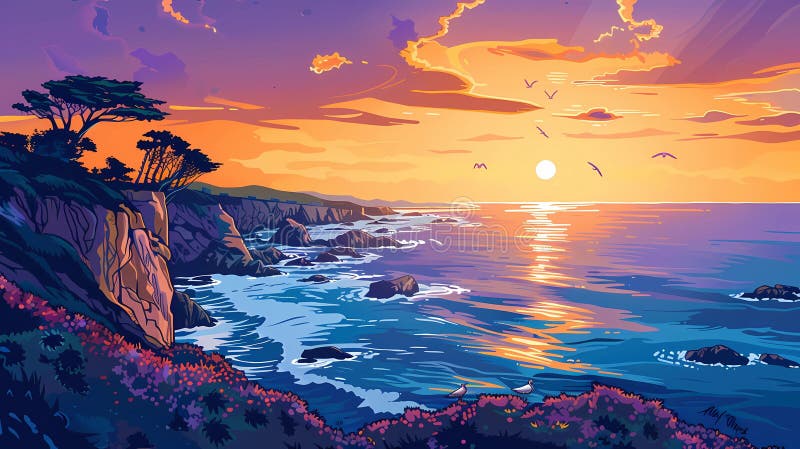 Sunset View from Atop a Cliff Overlooking the Ocean Stock Illustration ...