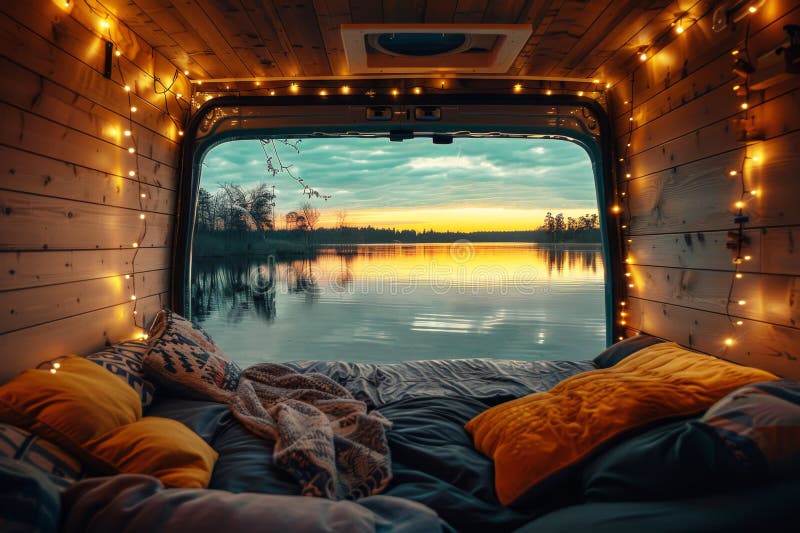 Sunset View from the Back of a Converted Travel Van, with Cozy Interior ...
