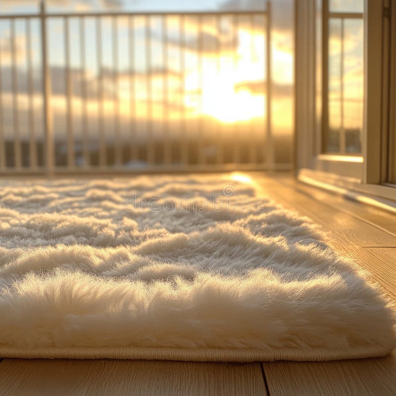 Sunset View from Balcony with Cozy Fluffy Rug. Stock Photo - Image of ...