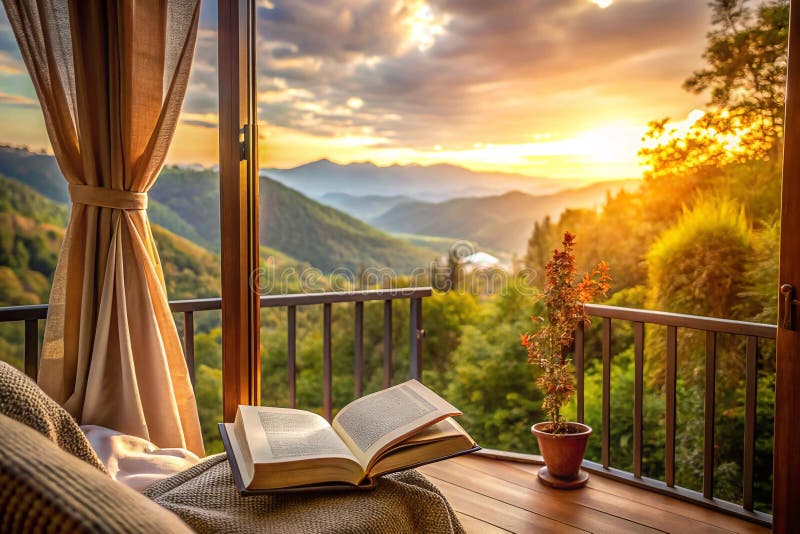 Sunset View from Balcony with Open Book Stock Illustration ...