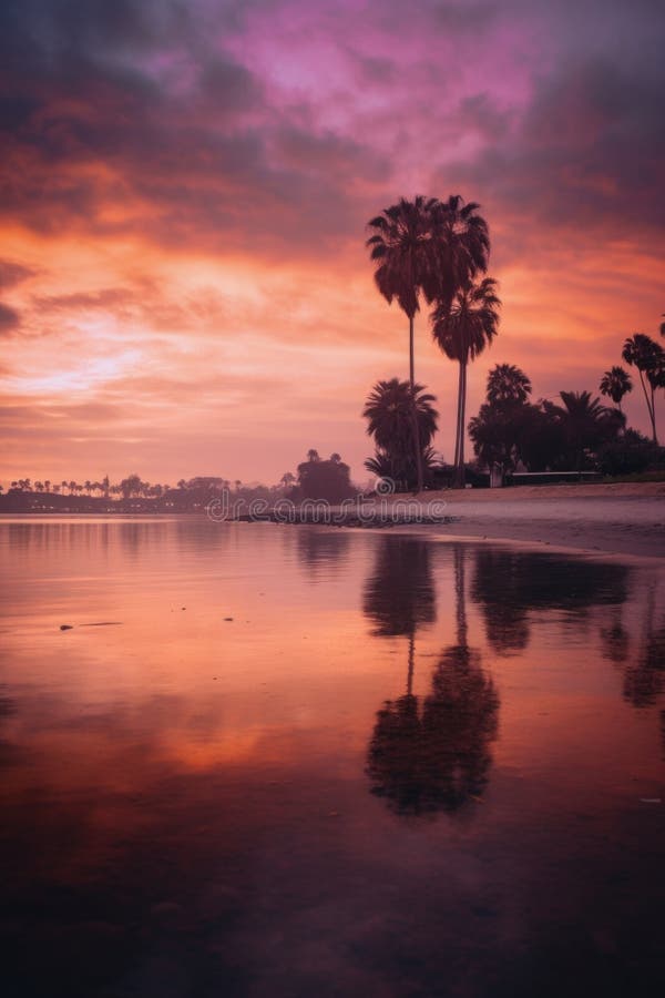 A Sunset View of a Beach with Palm Trees. Generative AI Image. Stock ...