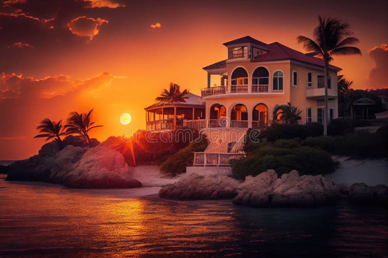 Sunset View of Beachfront Villa, with the Sun Setting Behind the Ocean ...