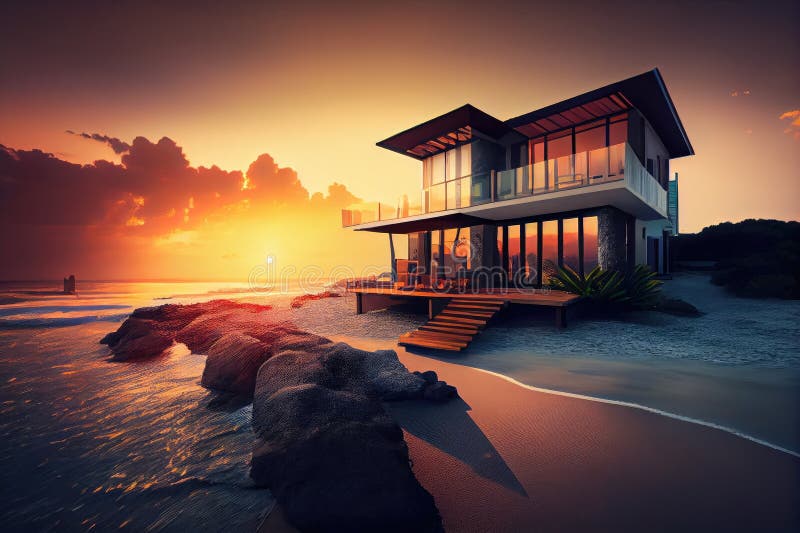 Sunset View of Beachfront Villa, with the Sun Setting Behind the Ocean ...