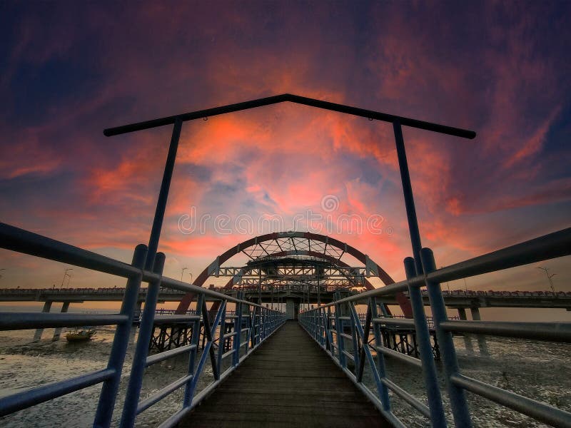 Sunset view on a bridge stock photo. Image of lake, structure - 318002926