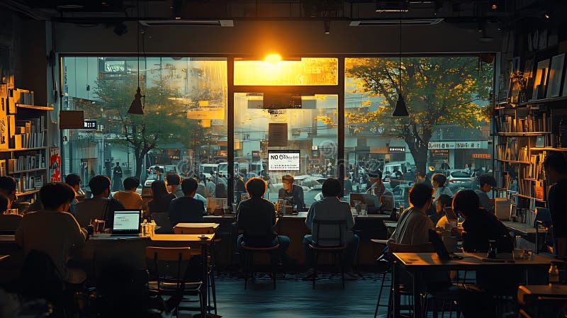 Sunset View from a Bustling Cafe, Filled with People Working and ...