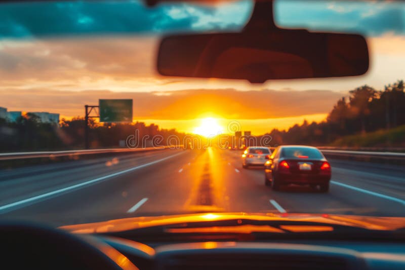 Sunset View from a Car on a Busy Highway, Driving View from Car ...
