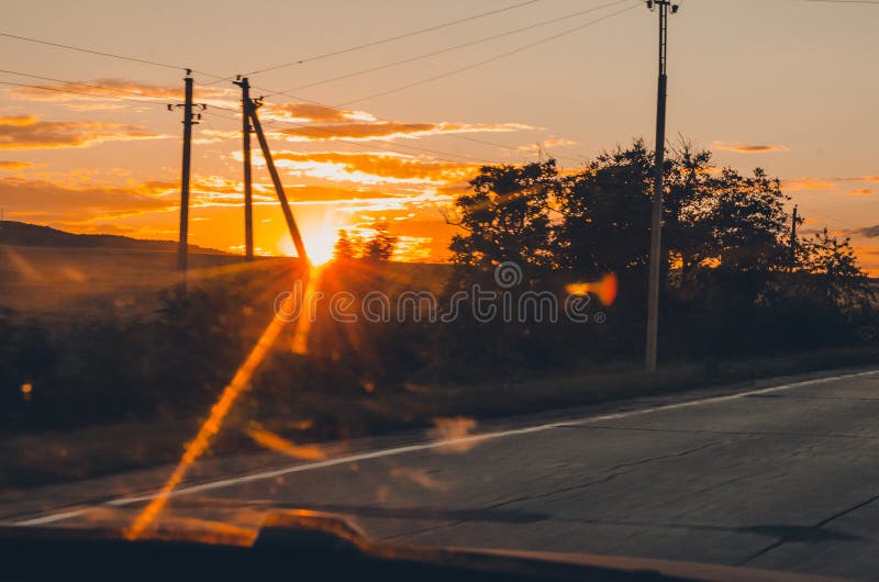 Sunset View from the Car Front Window Stock Photo - Image of black ...