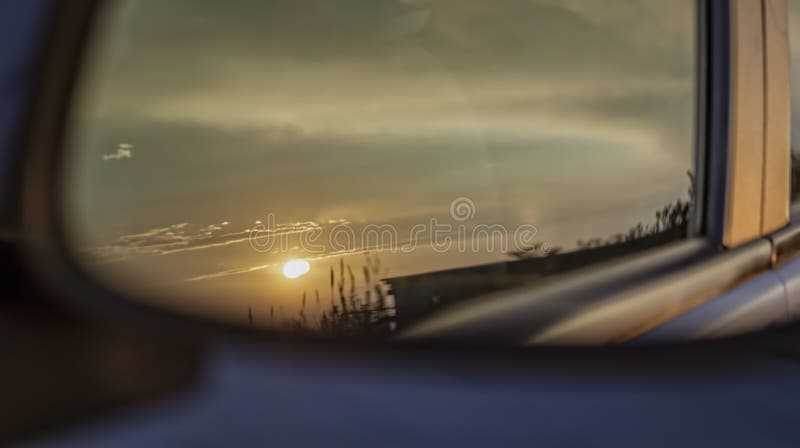Sunset View from a Car`s Rear Mirror Stock Image - Image of drive ...