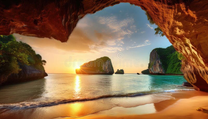 Sunset View from a Cave Opening Overlooking a Tropical Beach and Rocky ...