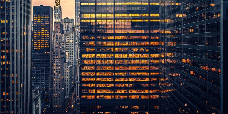 Sunset View of City Skyscrapers with Illuminated Windows Stock ...
