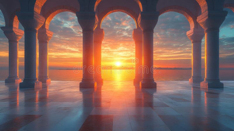 Sunset View through Classical Columns Over Water Stock Illustration ...