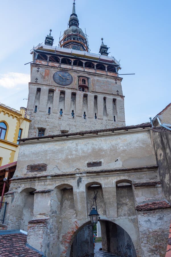 Sunset View of the Clock Tower in Sighisoara, Romania Stock Photo ...