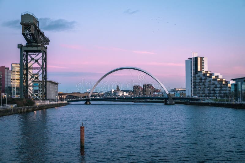 Sunset View of the Clyde Arc or Squinty Bridge and River Clyde Stock ...