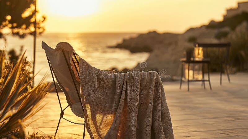 Sunset View from a Coastal Patio with a Chair Draped in a Blanket Stock ...
