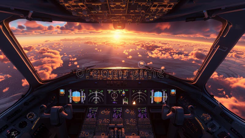 Sunset View of Cockpit in Plane Image Stock Photo - Image of generated ...