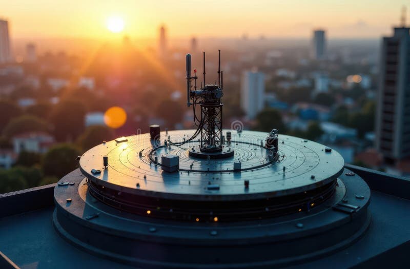 Sunset View of Communication Tower Transmitting Electromagnetic Waves ...