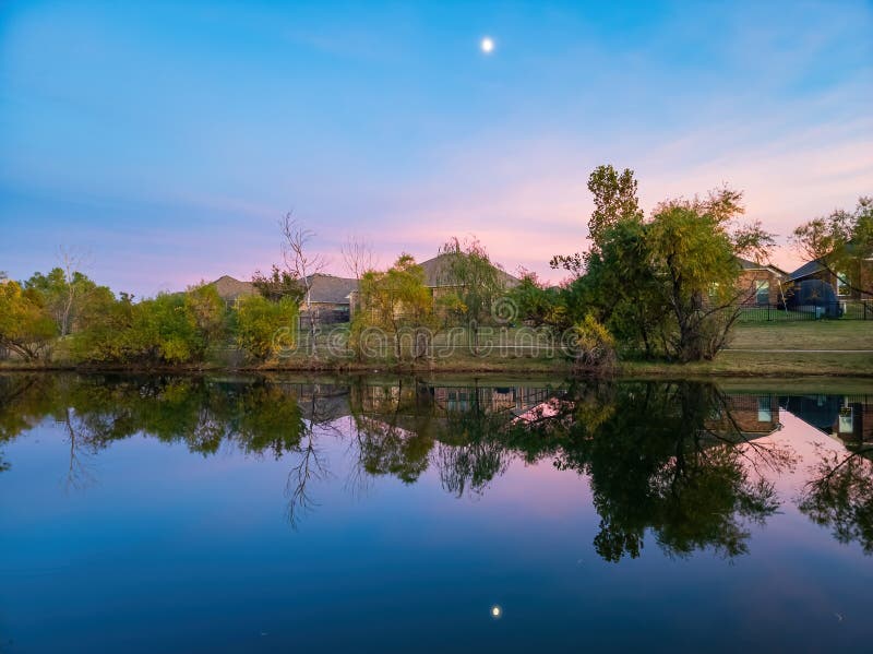 Sunset View of a Community Lake and Residence Stock Photo - Image of ...