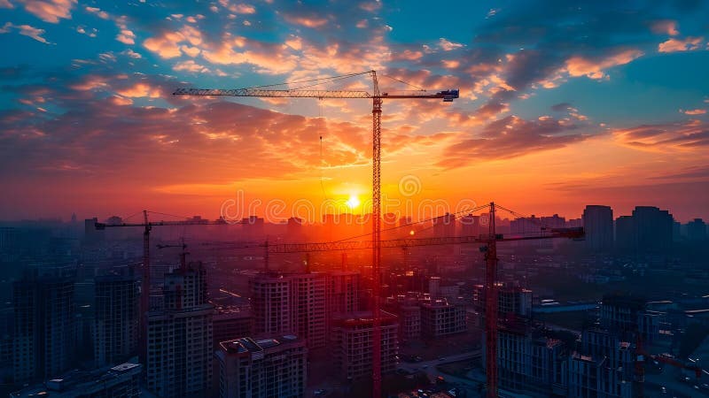 Sunset View of Construction Site with Buildings Cranes Against Blue Sky ...