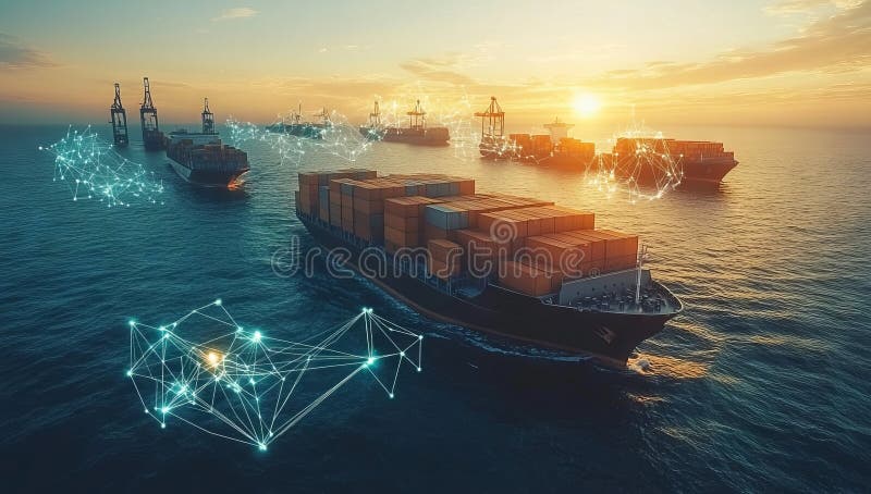 Container Ship Ocean Digital Network Overlay Stock Photos - Free ...