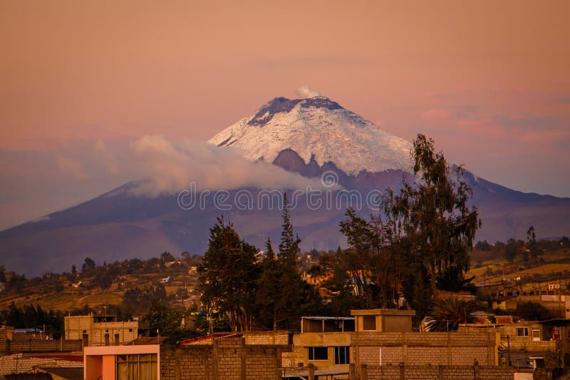 The Sunset View of Cotopaxi Volcano from Latacunga Town, Ecuador Stock ...