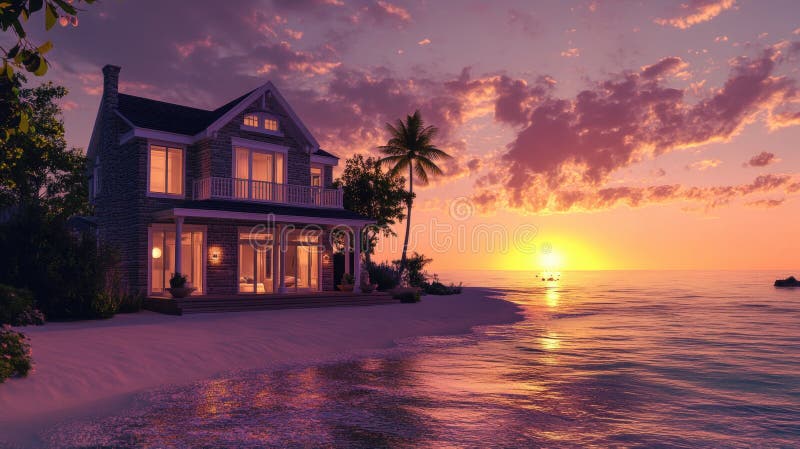 Sunset View of a Cozy Beach House by the Ocean Stock Illustration ...
