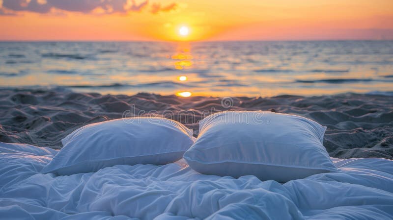 Sunset View from a Cozy Bed Setup on the Beach, Tranquil Scenery ...