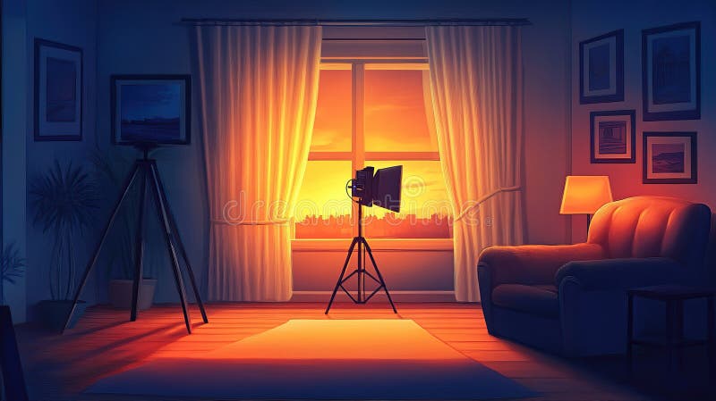 Sunset View from Cozy Room with Studio Lighting Setup Stock Image ...