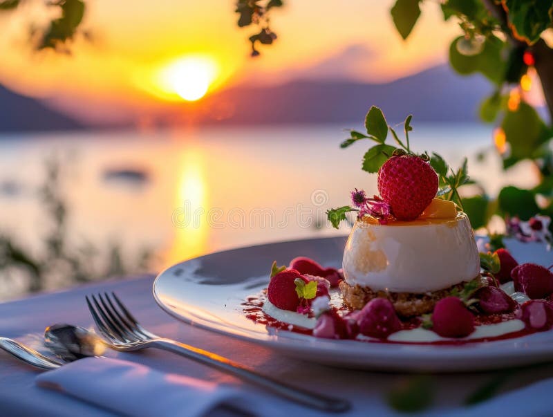 Sunset View Dessert with Raspberry and Strawberry. Holiday Mood Stock ...