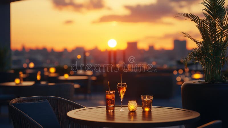 A Sunset View with Drinks and Candlelight on a Rooftop Terrace Stock ...