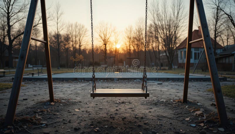 Sunset View of an Empty Swing Set in a Quiet Playground Surrounded by ...