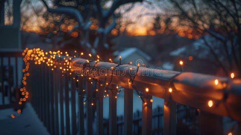 Sunset View with Fairy Lights on Snowy Deck Railing. Stock Illustration ...